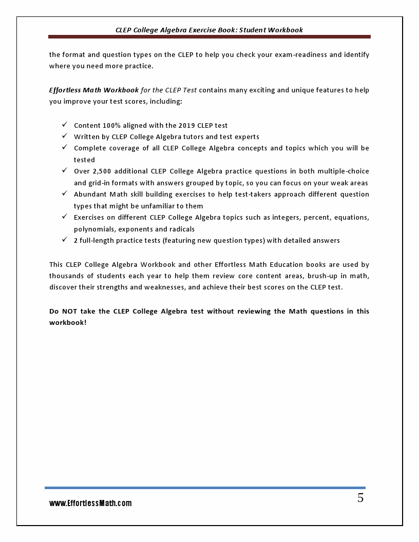 CLEP College Algebra Exercise Book: Student Workbook and Two Realistic ...