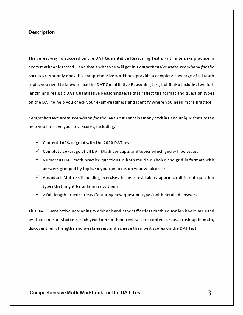 Comprehensive Math Workbook for the DAT Test: Student Workbook and 2 ...