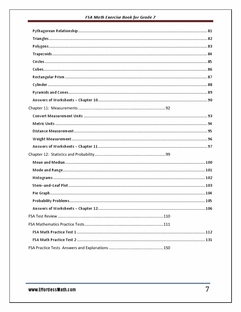 FSA Math Exercise Book for Grade 7: Student Workbook and Two Realistic ...