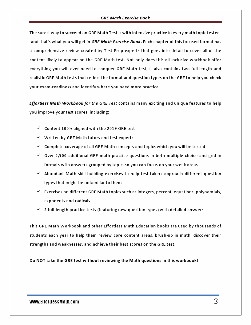 GRE Math Exercise Book: Student Workbook and Two Realistic GRE Math Tests