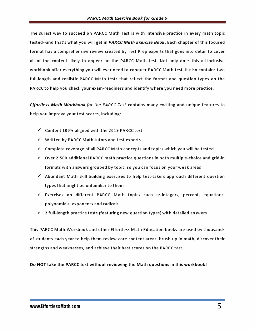 PARCC Math Exercise Book for Grade 5: Student Workbook and Two ...