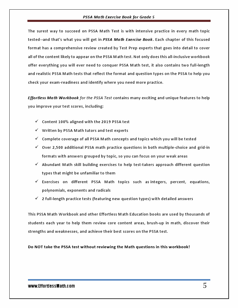 PSSA Math Exercise Book for Grade 5: Student Workbook and Two Realistic ...