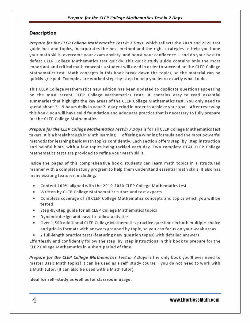 Prepare for the CLEP College Mathematics Test in 7 Days: A Quick Study ...