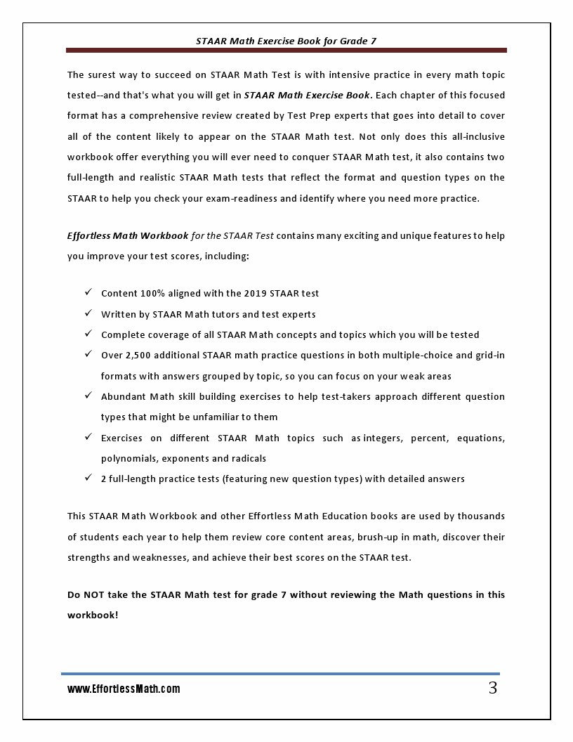 STAAR Math Exercise Book for Grade 7: Student Workbook and Two ...