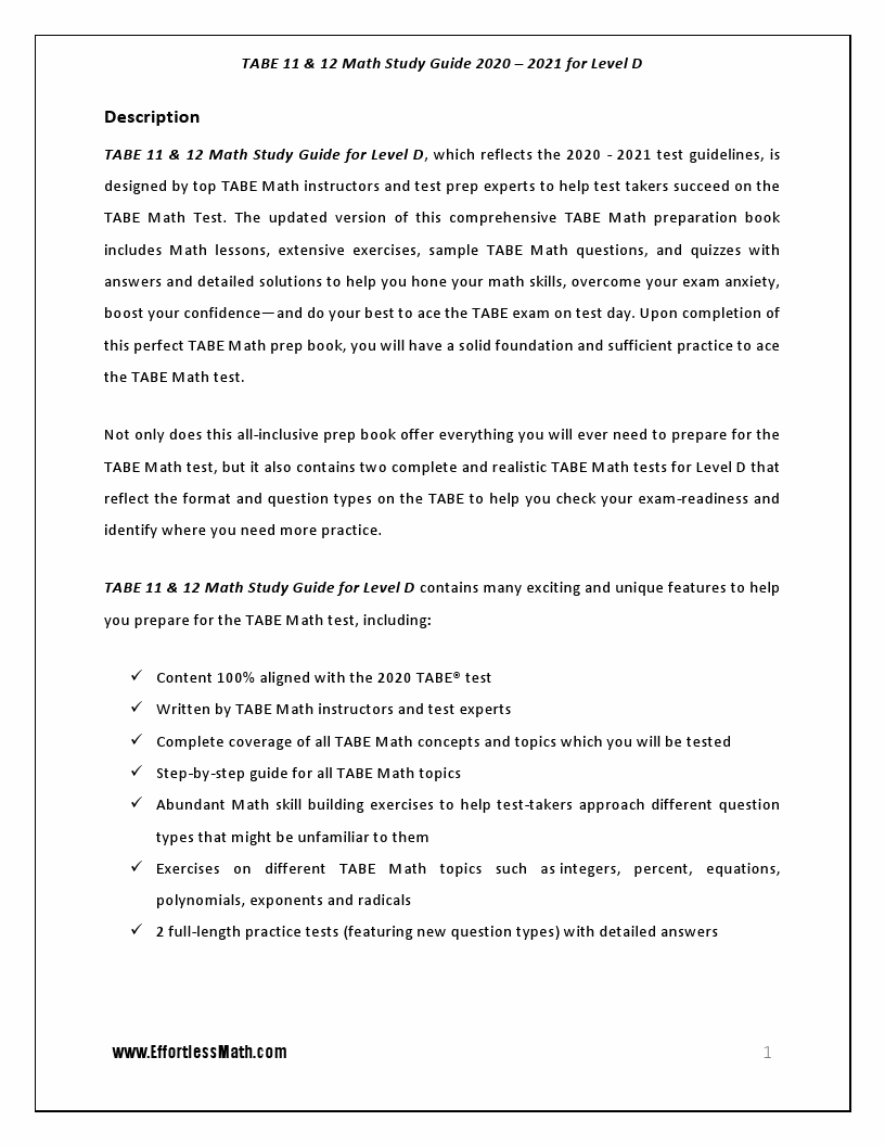 TABE 11 & 12 Math Study Guide 2020 – 2021 for Level D: A Comprehensive ...