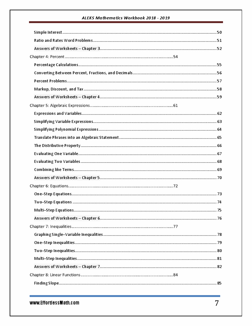 ALEKS Mathematics Placement Assessment Workbook 2018 – 2019: A ...