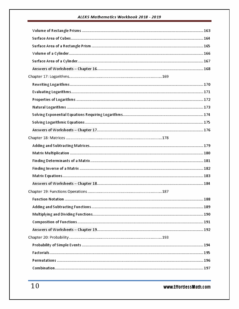 ALEKS Mathematics Placement Assessment Workbook 2018 – 2019: A ...