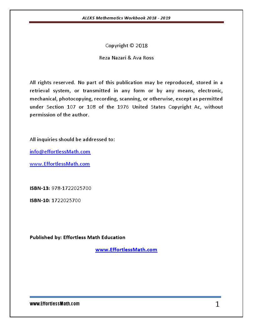 ALEKS Mathematics Placement Assessment Workbook 2018 – 2019: A ...