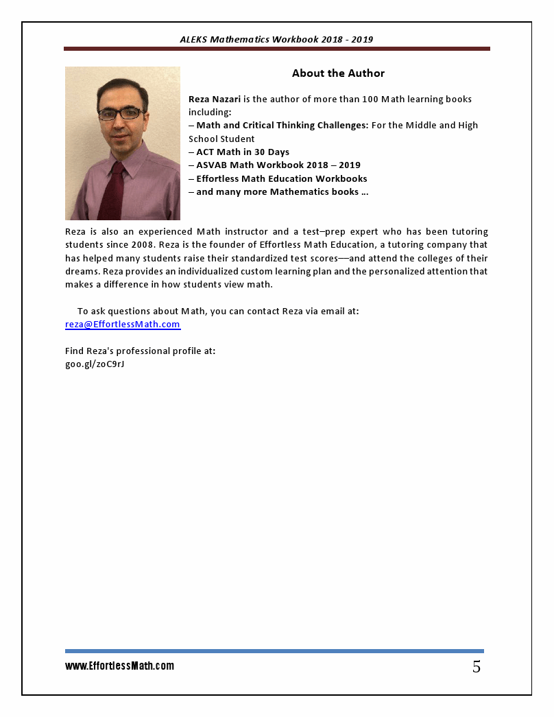 ALEKS Mathematics Placement Assessment Workbook 2018 – 2019: A ...