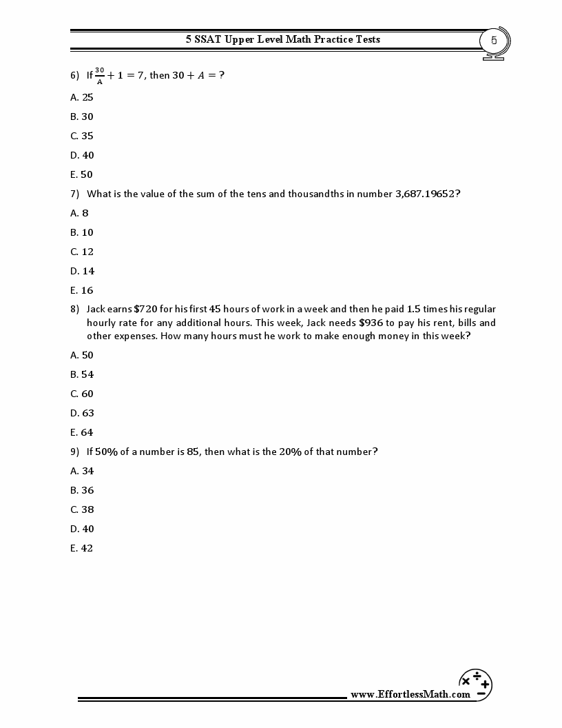 5 SSAT Upper Level Math Practice Tests: Extra Practice to Help Achieve ...