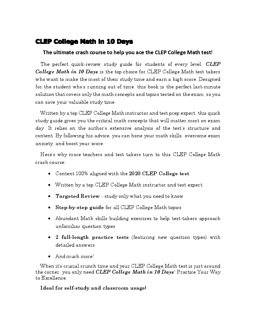 CLEP College Math in 10 Days: The Most Effective CLEP College Math ...