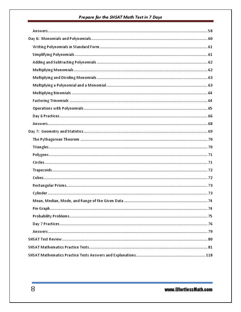 Prepare for the SHSAT Math Test in 7 Days: A Quick Study Guide with Two ...